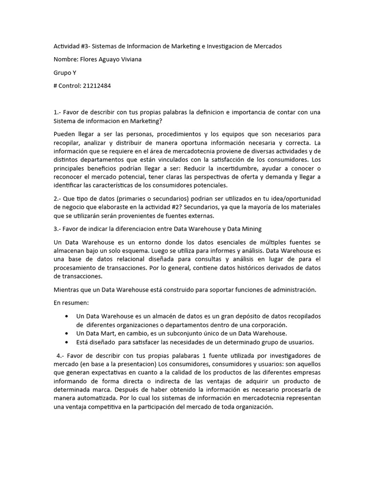 Actividad #3- Sistemas de Informacion de Marketing e Investi | PDF | Marketing | Almacén de datos