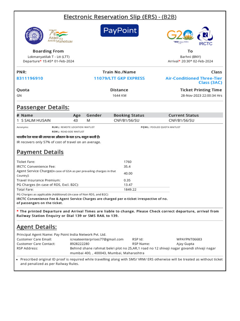 Sajra Fort Train Reservation Details | PDF | Identity Document | Payments
