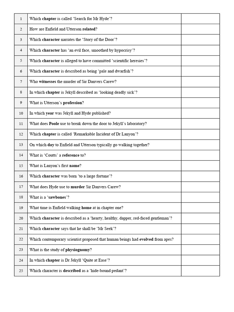 50 Quiz Questions Jekyll and Hyde | PDF | Strange Case Of Dr Jekyll And ...