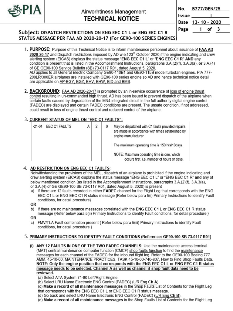 Tech Notice-EEC C1 FAULTS | PDF | Control Engineering | Rotating Machines