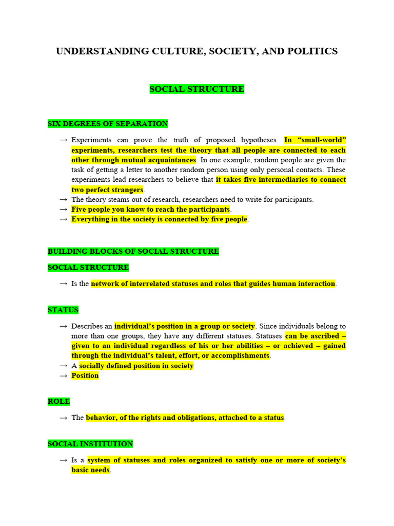 Understanding Culture, Society, and Politics (Social Structure) | PDF ...