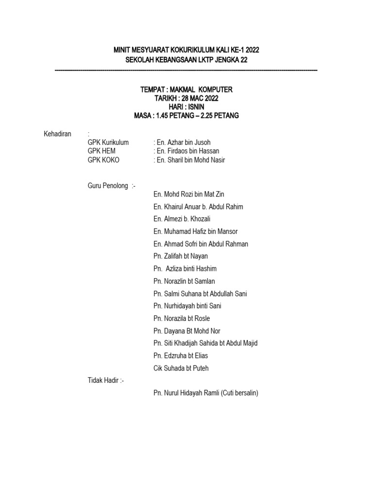 Minit Mesyuarat Kokurikulum Kali Ke 1 | PDF