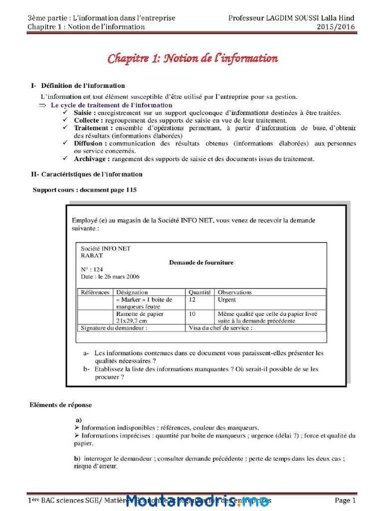 Chapitre 1 Notion de Linformation | PDF