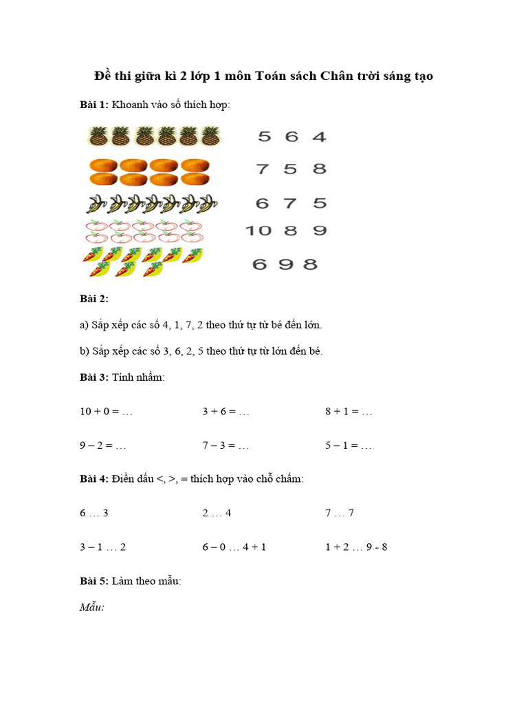 De Thi Giua Hoc Ki 2 Mon Toan Lop 1 Chan Troi Sang Tao | PDF
