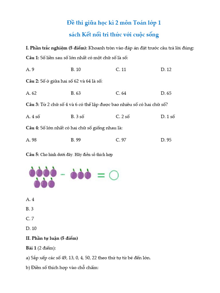 De Thi Giua Hoc Ki 2 Mon Toan Lop 1 Ket Noi | PDF