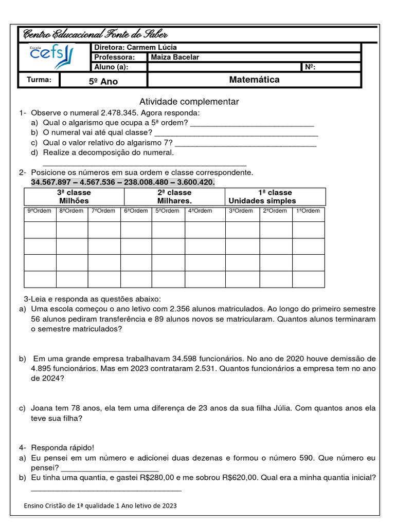 Atividade Complementar 5 Ano | PDF