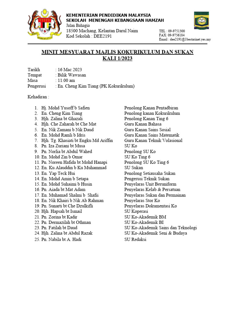 Minit Mesyuarat Majlis Kokurikulum Dan Sukan Kali 1 2023 | PDF
