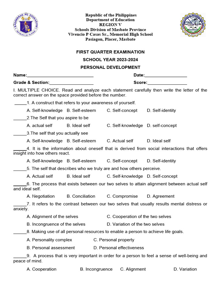 Perdev 1st Quarter Exam | PDF | Wellness