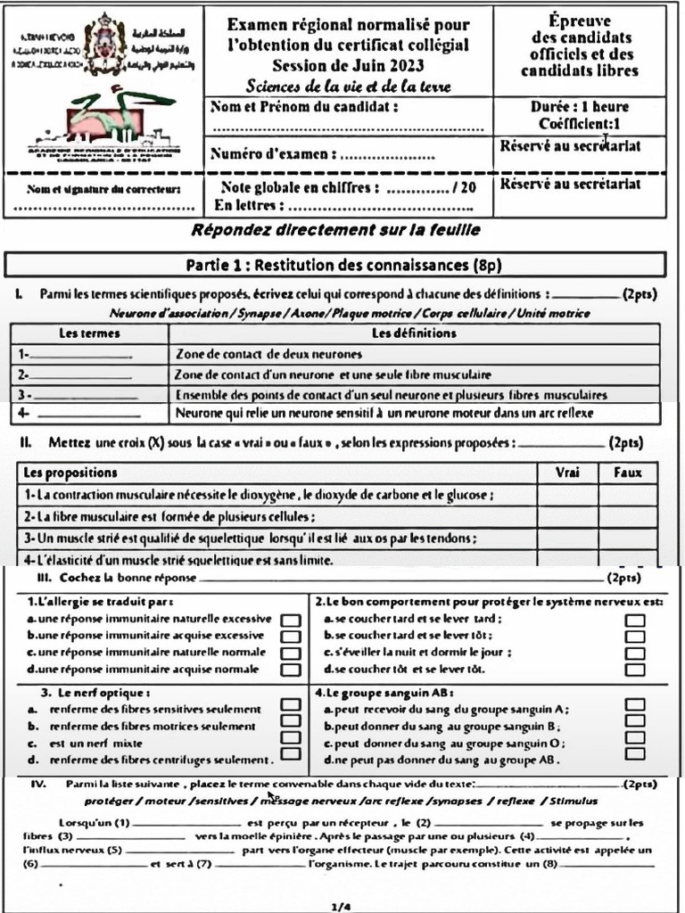 Examen Régional 3ac SVT 2023 Casablanca Settat | PDF