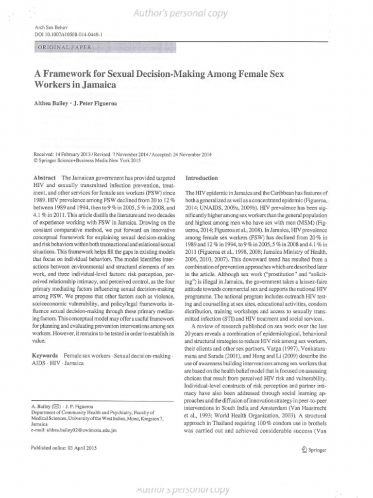 Framework For Sexual Decision Making For Sex Workers In Ja Bailey Figueroa Pdf