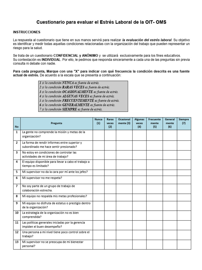 Cuestionario Estres Laboral. OIT OMS | PDF | Estrés (biología) | Cuestionario
