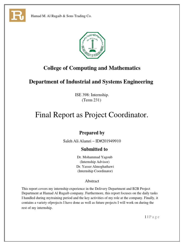 Internship Report: Hamad M. Al Rugaib | PDF | Logistics | Collaboration