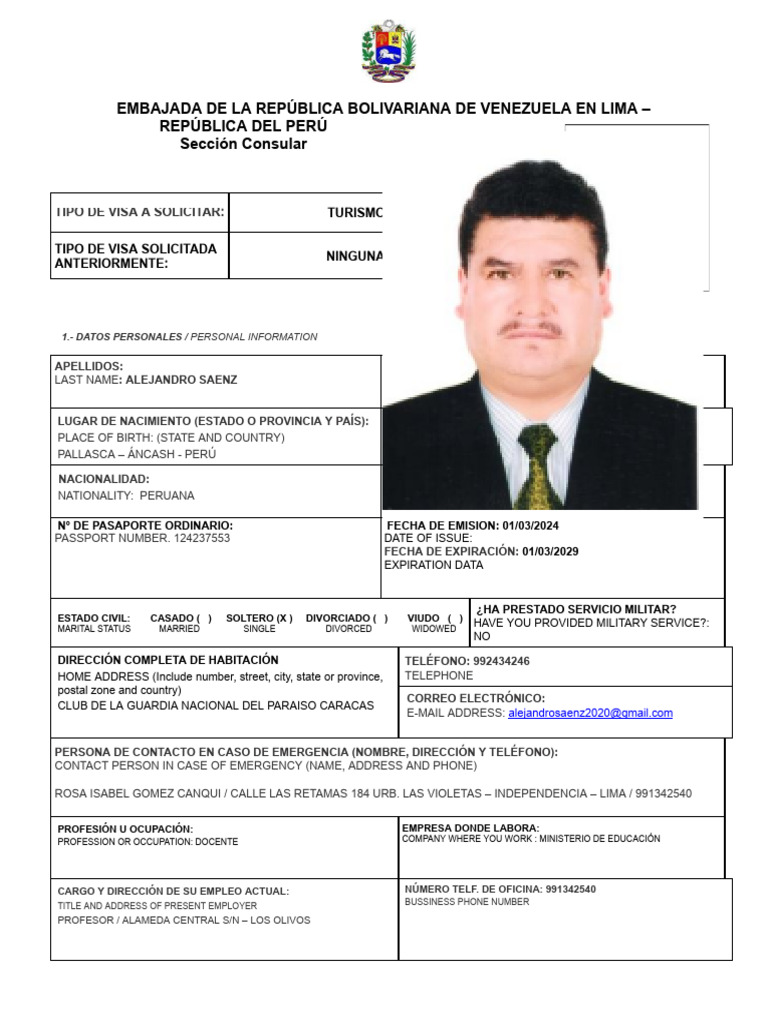Alejandro Saenz Visa de Turismo | PDF