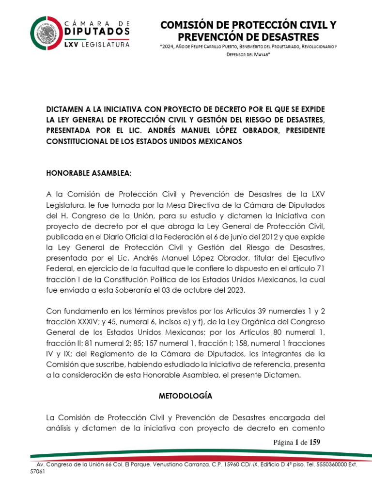 Dictamen Nueva Ley Protección Civil (764) VF | PDF | Defensa Civil | Legislador