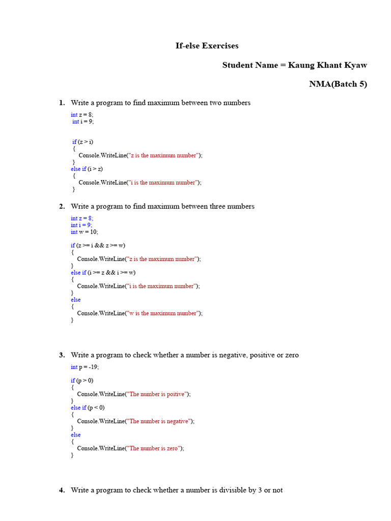 If-Else Student Exercises - HW | PDF | Mathematics