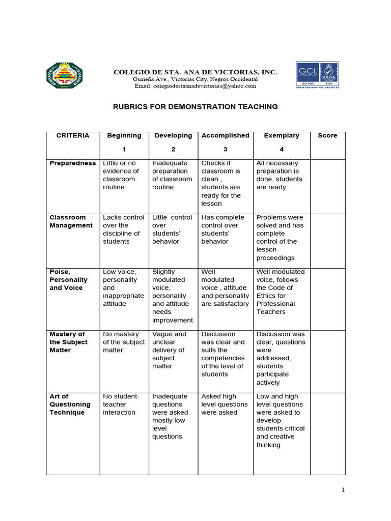 Revised Rubrics For Demo Teaching Pdf Teachers Behavioural Sciences