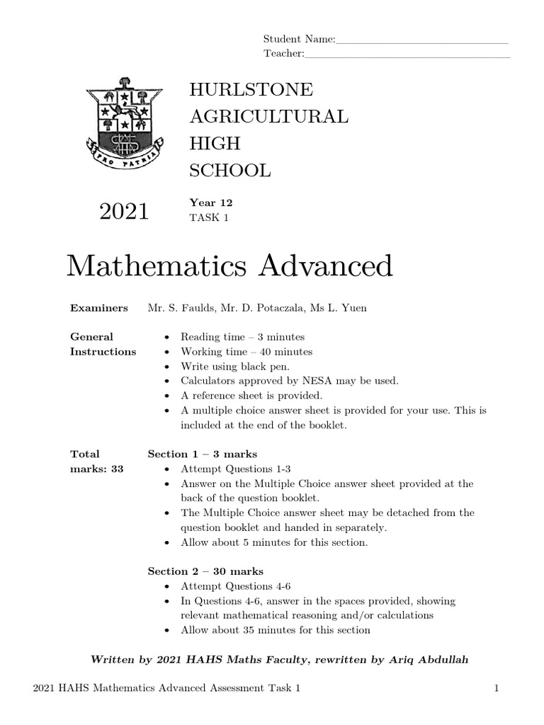 2021 HAHS Year 12 Maths Assessment Task | PDF | Function (Mathematics ...