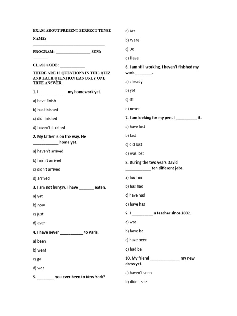 Exam About Present Perfect Tense | PDF