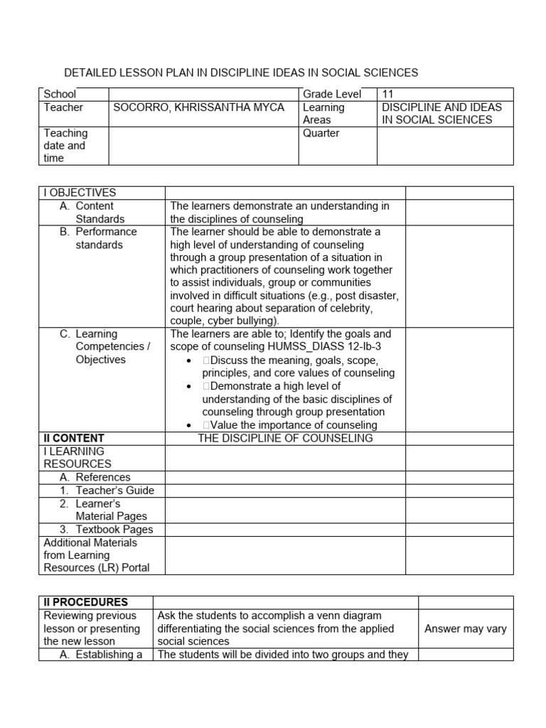 Detailed Lesson Plan in Discipline Ideas in Social Sciences | PDF