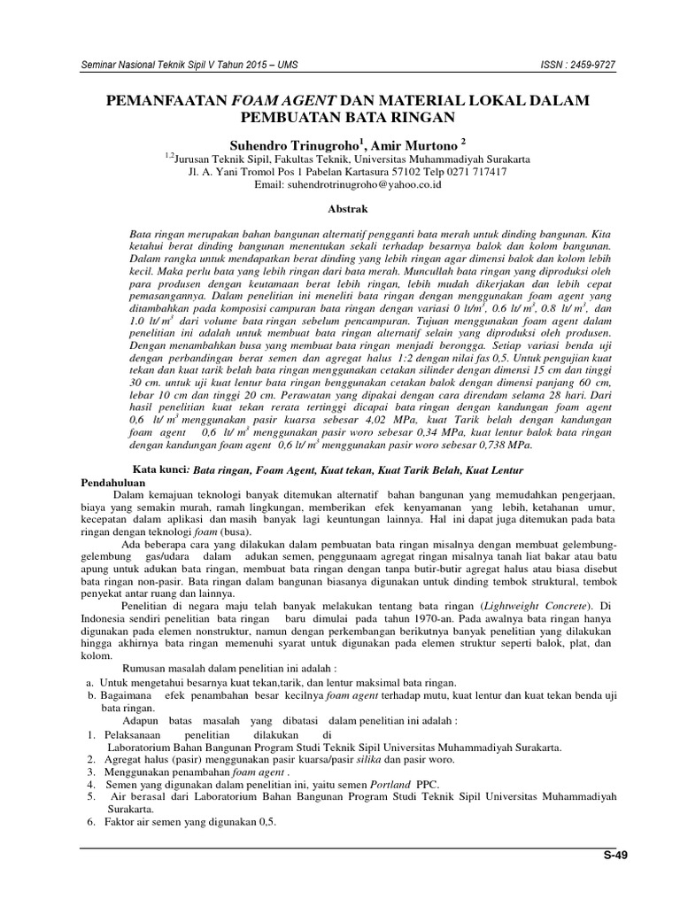 2015 Pemanfaatan Foam Agent Dan Material Lokal Dalam Pembuatan Bata Ringan | PDF