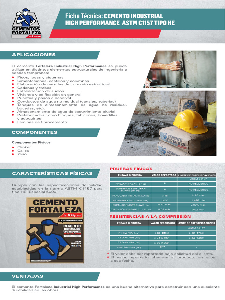 Ficha Técnica Cemento Industrial High Performance | Descargar gratis PDF | Hormigón | Cemento