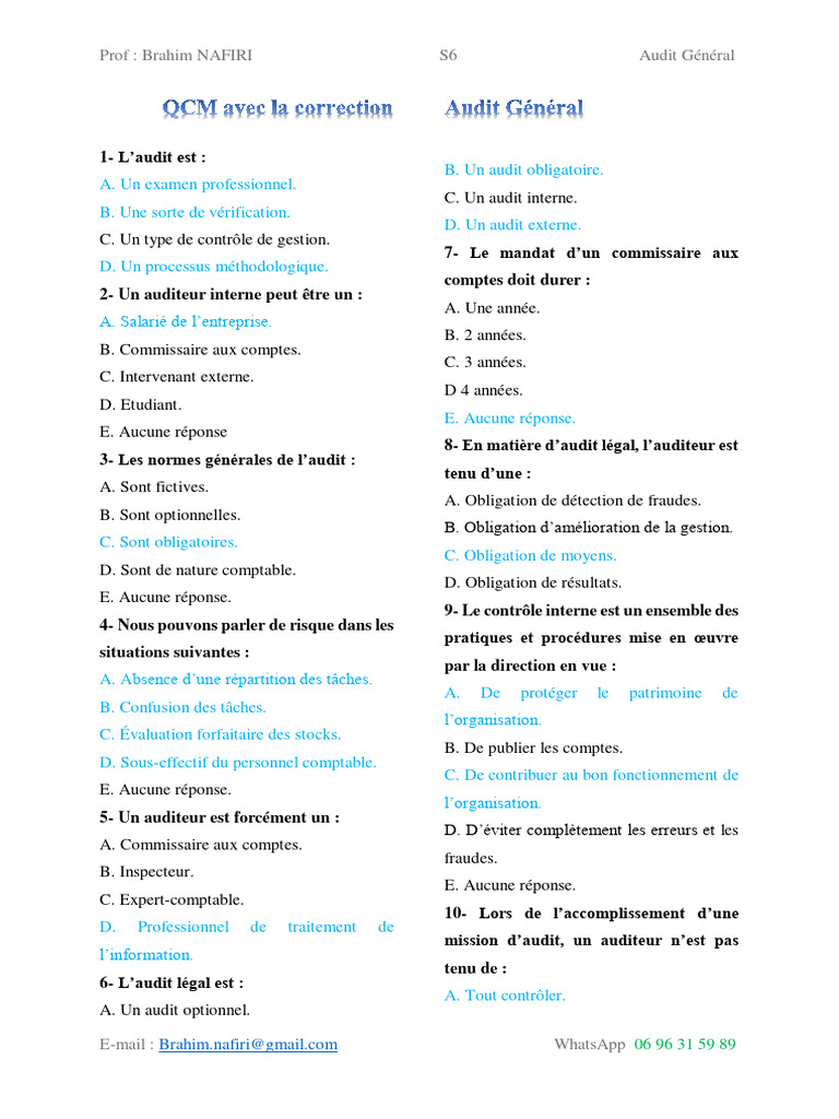 QCM Audit Général - Brahim NAFIRI | PDF | Audit | Audit financier
