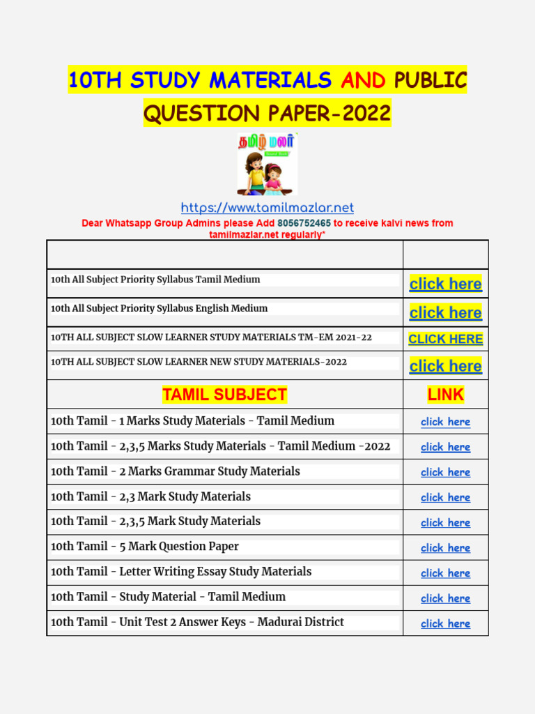10TH All Subject Study Materials and Public Model Question-2022 | PDF ...