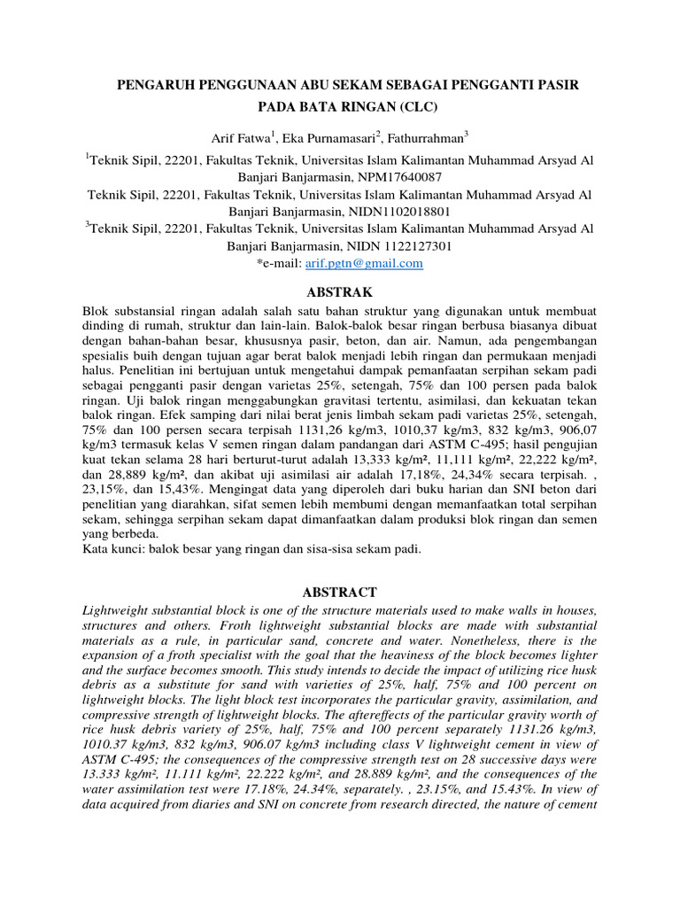Naskah Pengaruh Penggunaan Abu Sekam Sebagai Pengganti Pasir Pada Bata Ringan (CLC) | PDF ...