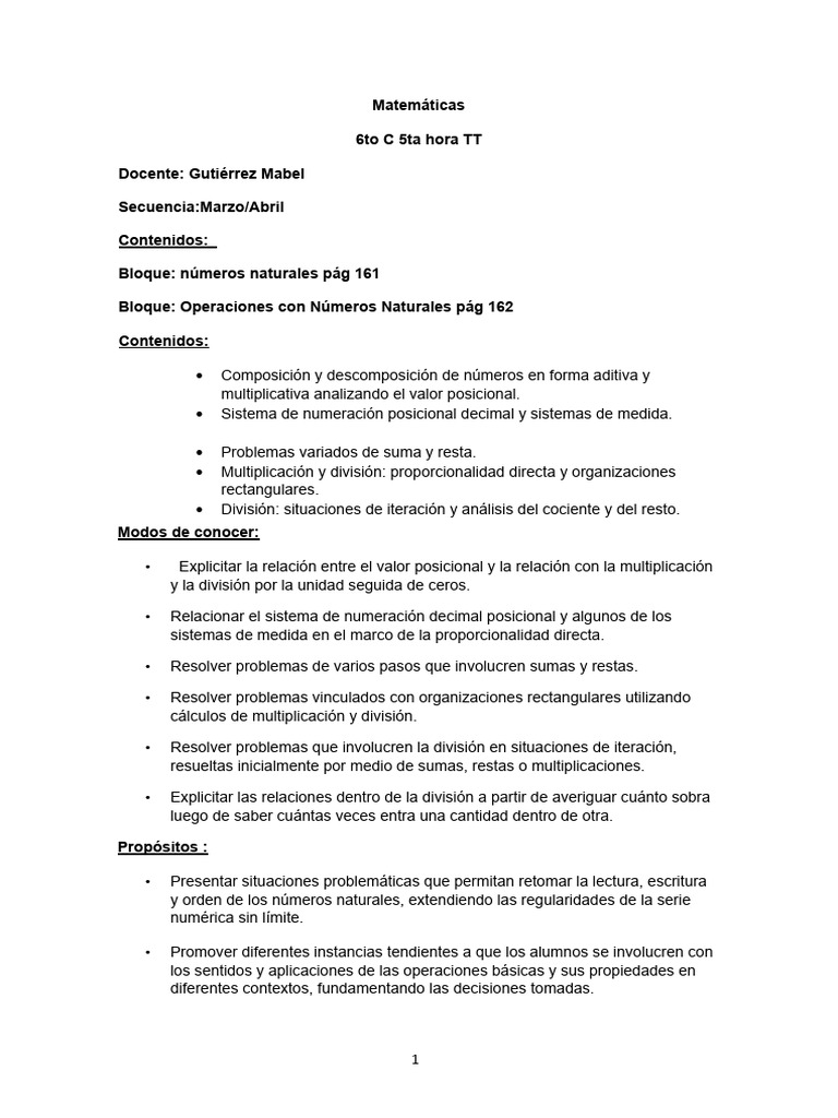 Planificación 6to | PDF | Multiplicación | División (Matemáticas)