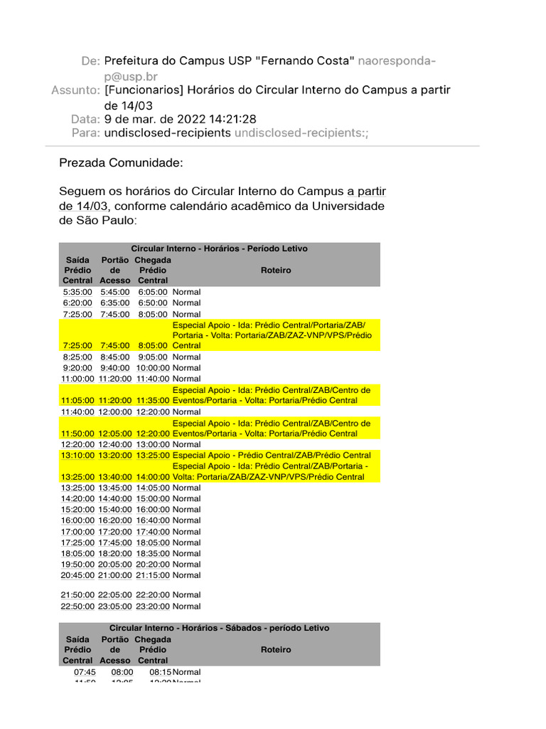 (Funcionarios) Horários Do Circular Interno Do Campus A Partir de 1403 ...
