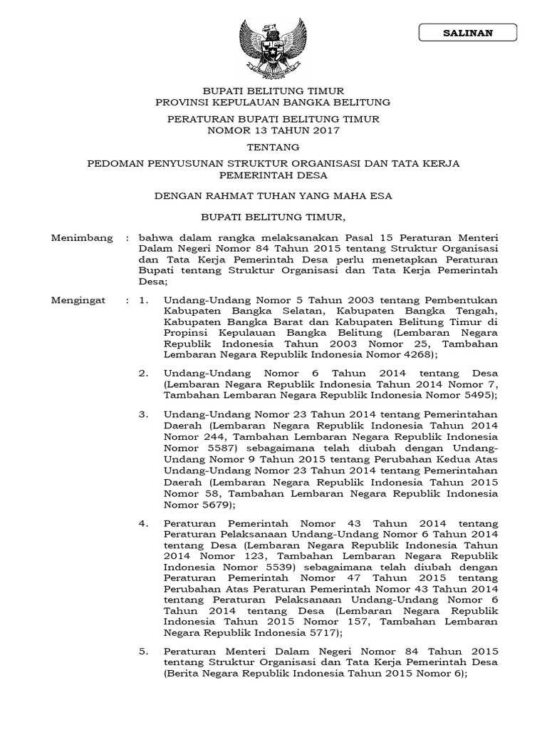 Pedoman Penyusunan Sotk Pemdes | PDF