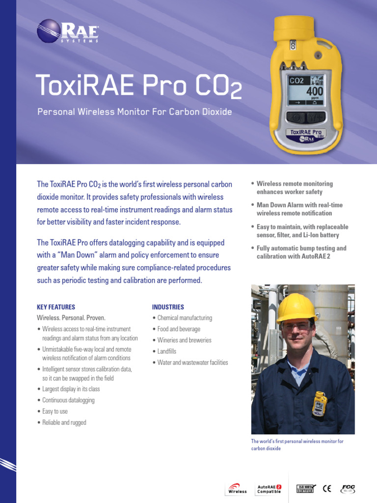 ToxiRAE PRO CO2 Datasheet | PDF | Carbon Dioxide | Rechargeable Battery