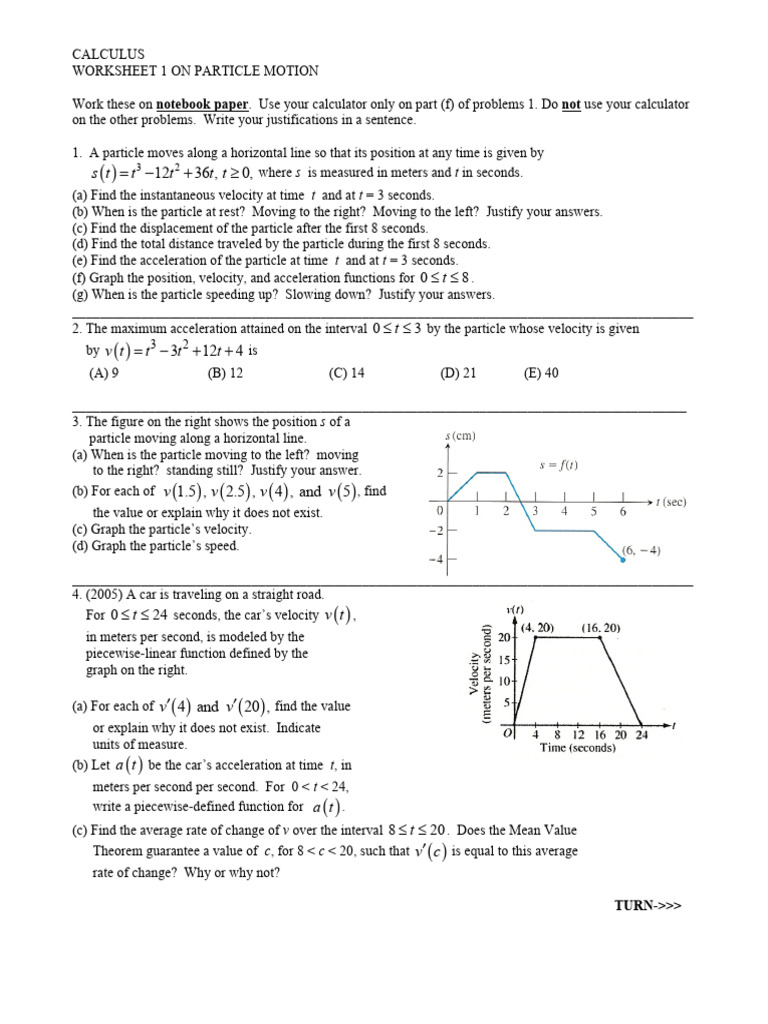 Particle Motions Worksheets With Answers | PDF | Acceleration | Velocity