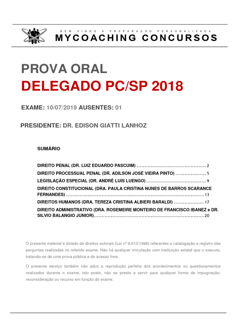 10.07.19 - Prova Oral Delegado PC-SP 2018 | PDF