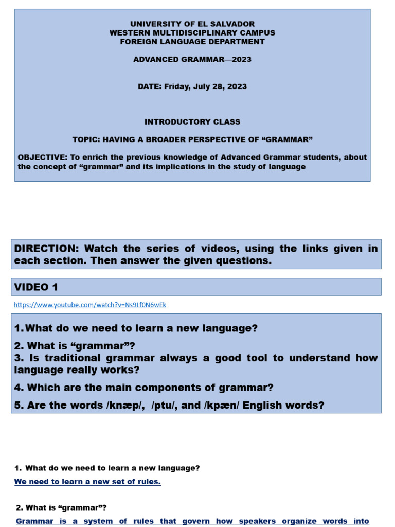 Advanced Grammar Overview for Students | PDF | Linguistics | Grammar