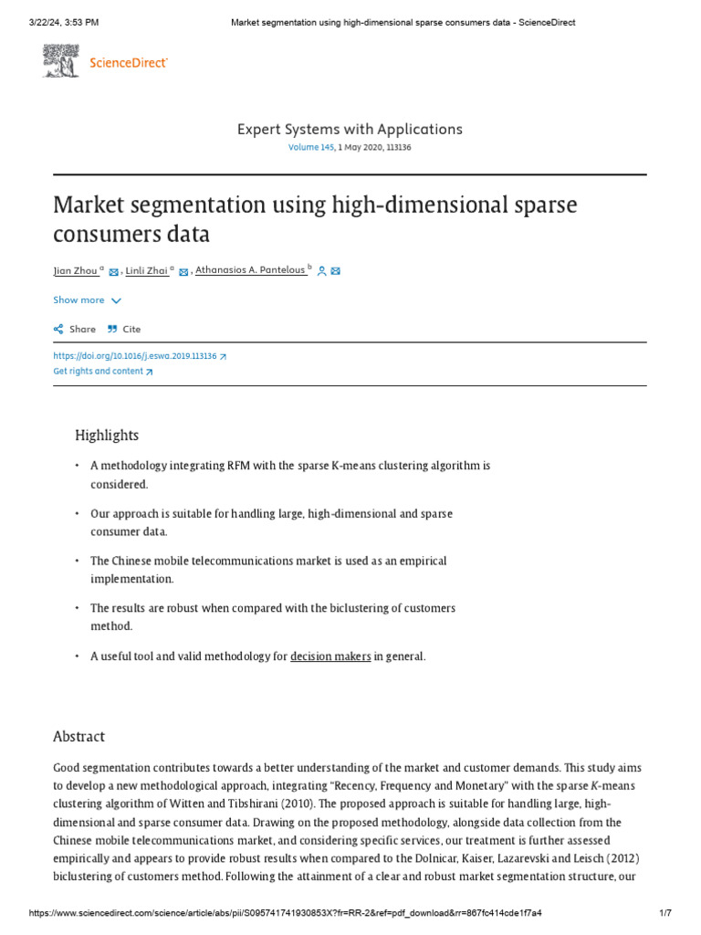 Market Segmentation Using High-Dimensional Sparse Consumers Data - ScienceDirect | PDF