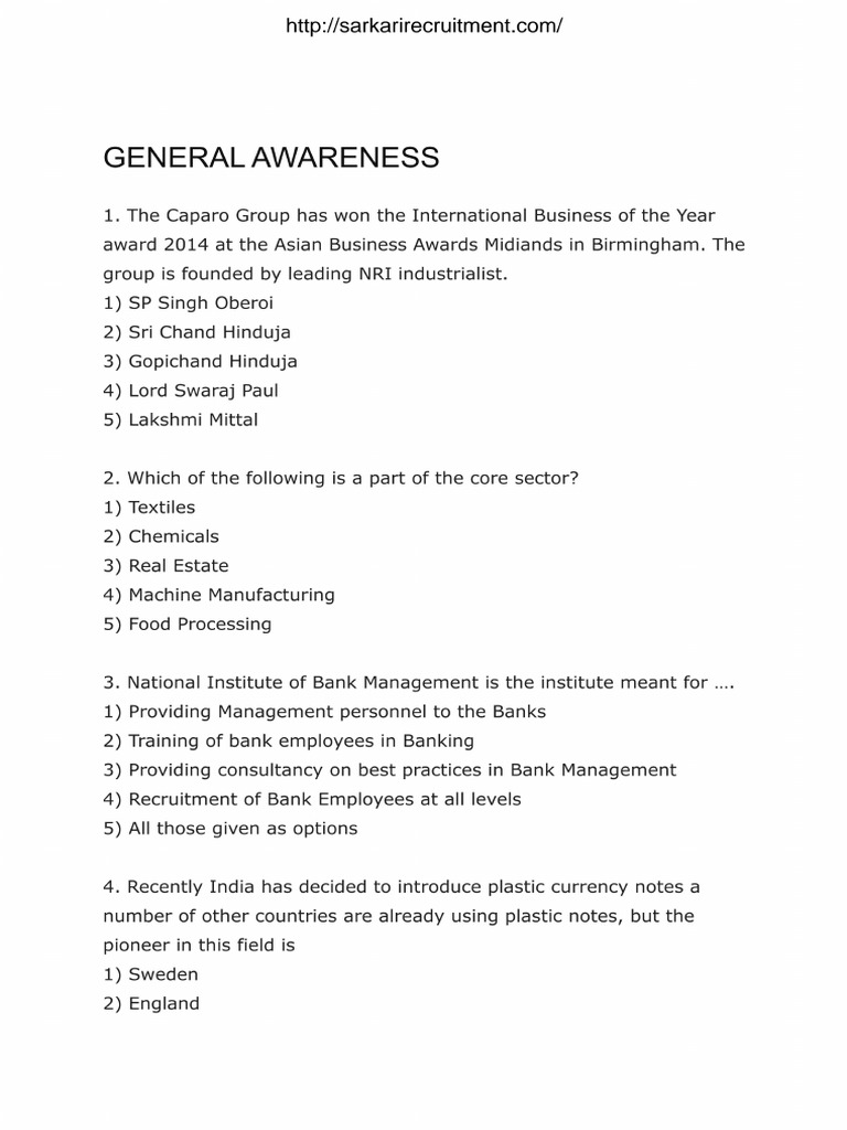 General Awareness Sample Papers | PDF