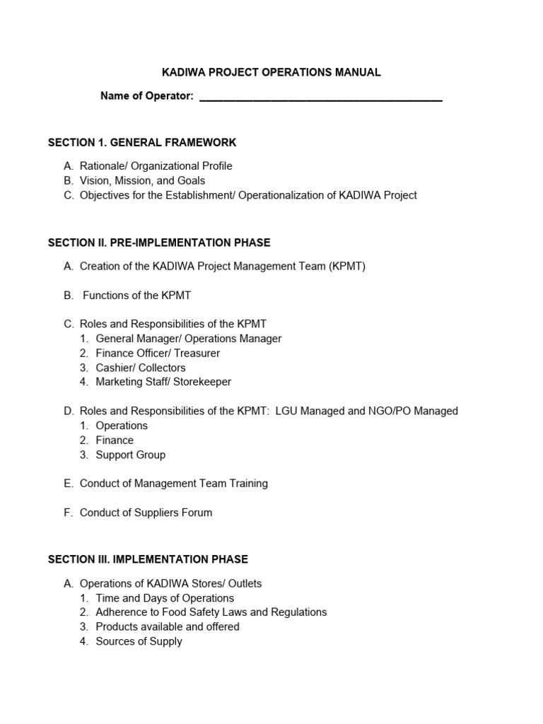 Operations Manual Outline KADIWA | PDF | Supply Chain | Prices