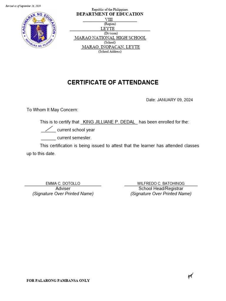 Certificate of Attendance - Marao National High School | PDF