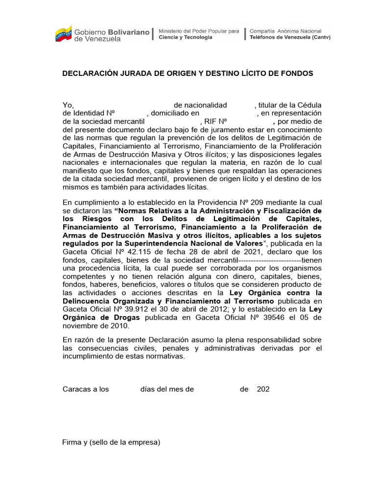 Declaración Jurada de Origen y Destino Lícito de Fondos (Cantv) - 1 ...