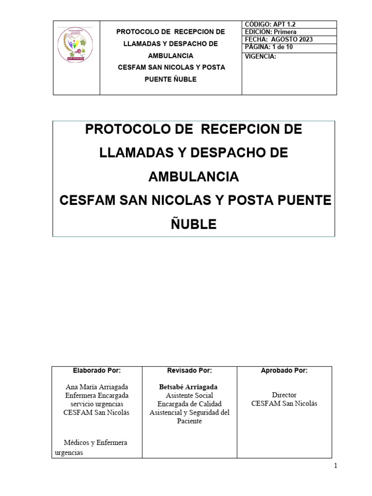 Protocolo de Recepcion de Llamada y Despacho de Ambulancia | PDF | Ambulancia | Especialidades ...