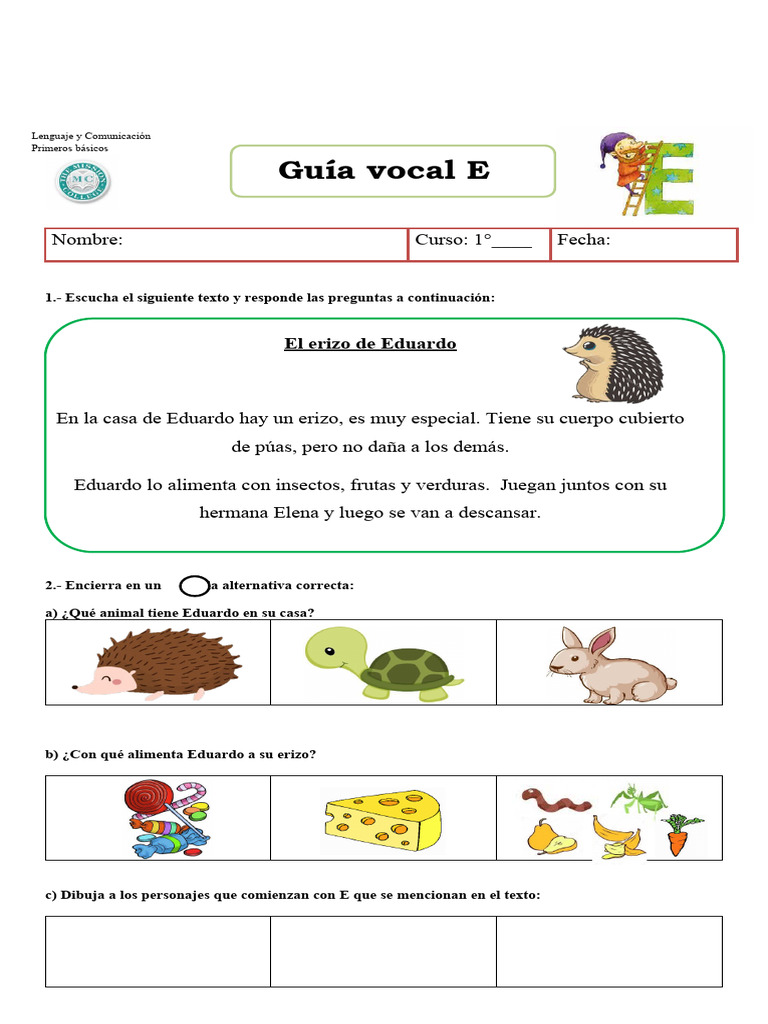 Guía de la Vocal E para Preescolar | PDF | Artes del Lenguaje y ...