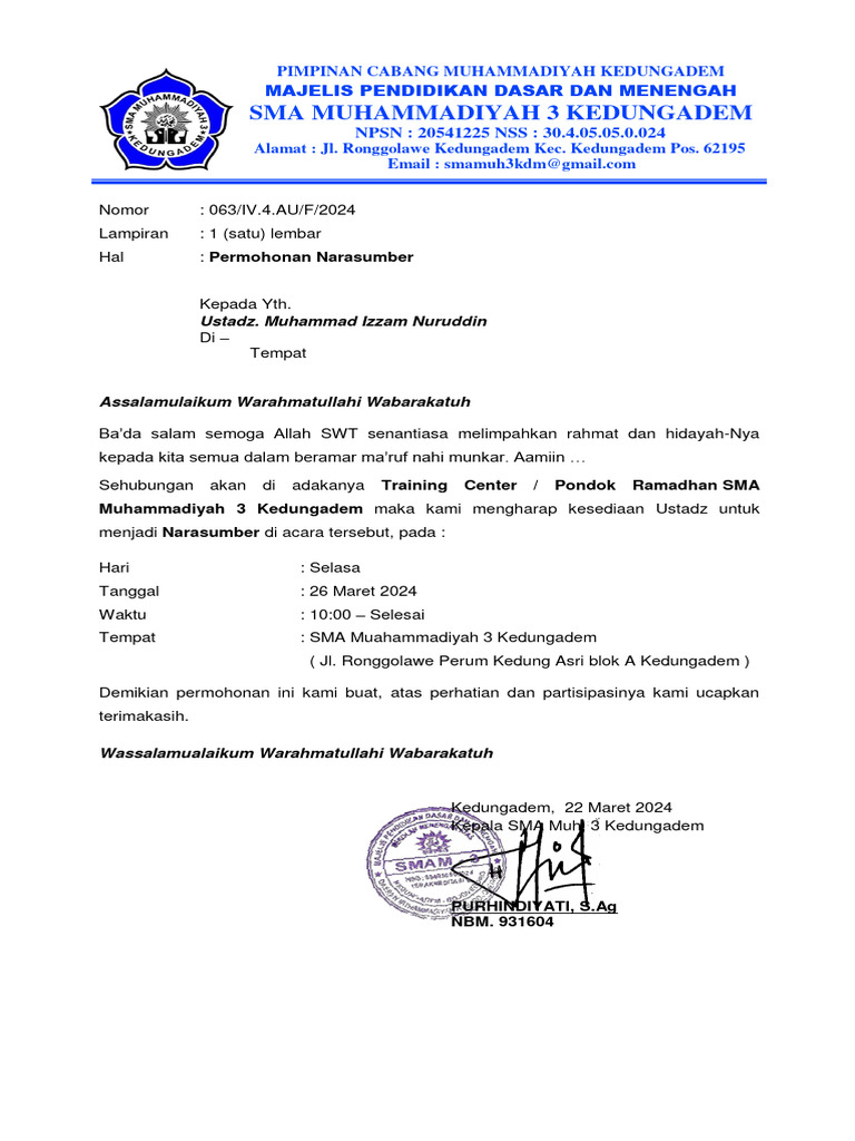 063-Ustadz. Muhammad Izzam Nuruddin Permohonan Materi | PDF