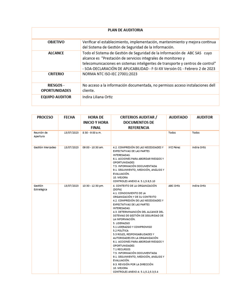 Ejemplo Plan de Auditoria | PDF | Auditoría | Industrias de servicio