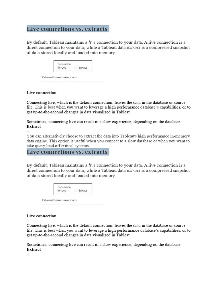 Tableau Live Connections vs. Extracts | PDF | Computers