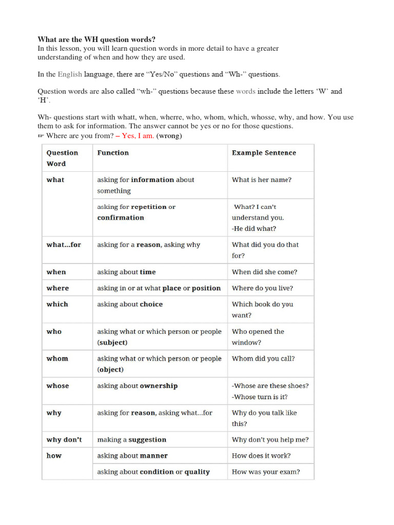 WH Question Words | PDF | Language Arts & Discipline | Self-Improvement