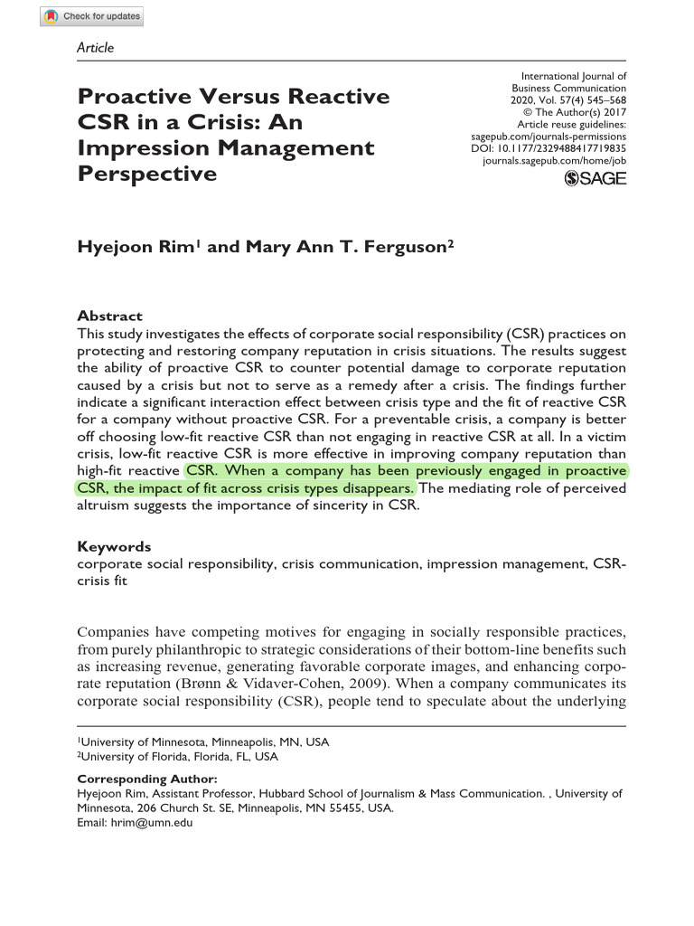 Proactive vs Reactive CSR in Crises | PDF | Corporate Social ...