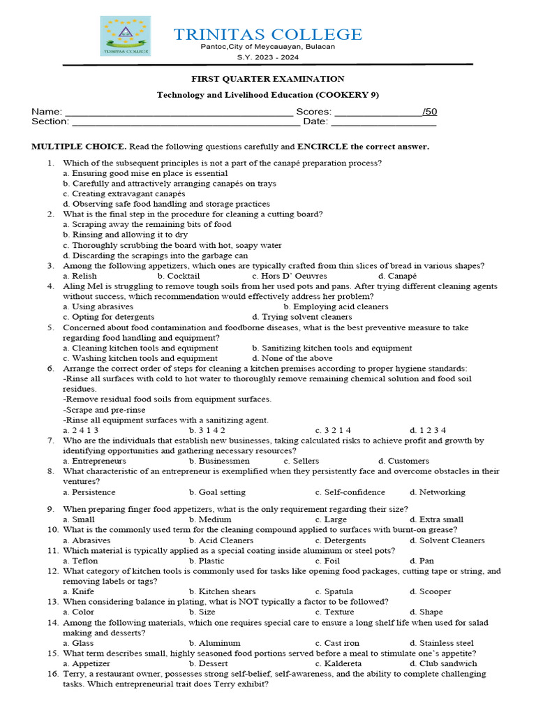 1ST PT - Tle-Cookery 9 | PDF
