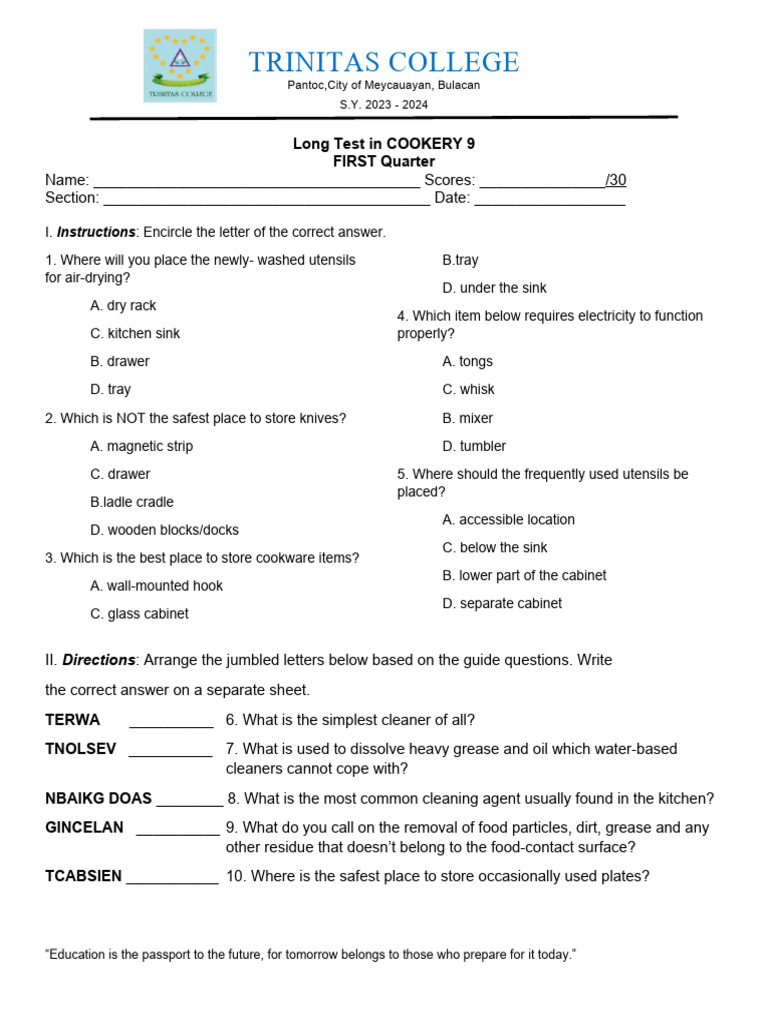 Tle Cookery 9 Long Test | PDF | Materials | Home