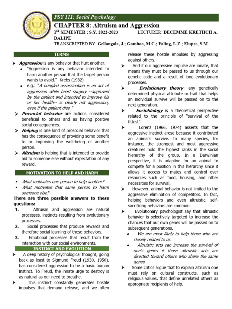 PSY111 - CHAPTER 8 - Altruism and Aggression | PDF | Aggression | Altruism PSY111 - CHAPTER 8 - Altruism and Aggression | PDF | Aggression | Altruism